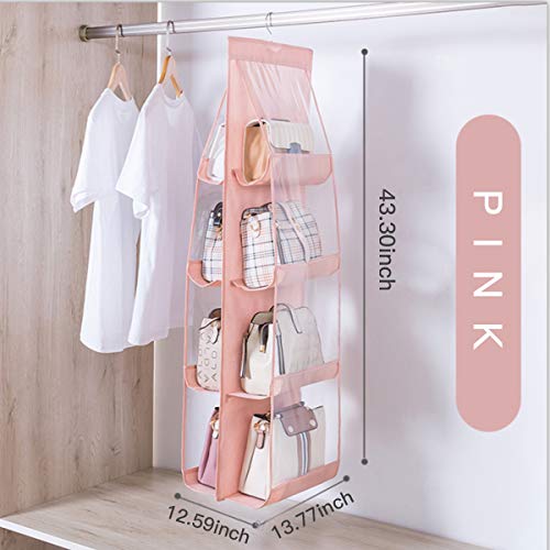 Wisdomcreate 2pcs 8 Pockets Hanging Purse Handbag Organizer Clear Hanging Shelf Bag Collection Storage (Pink*2)