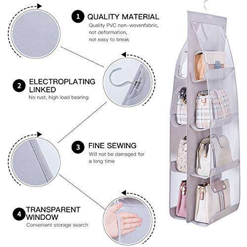 Wisdomcreate 2pcs 8 Pockets Hanging Purse Handbag Organizer Clear Hanging Shelf Bag Collection Storage (Pink*2)