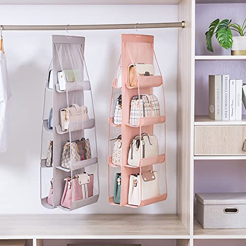 Wisdomcreate 2pcs 8 Pockets Hanging Purse Handbag Organizer Clear Hanging Shelf Bag Collection Storage (Pink*2)