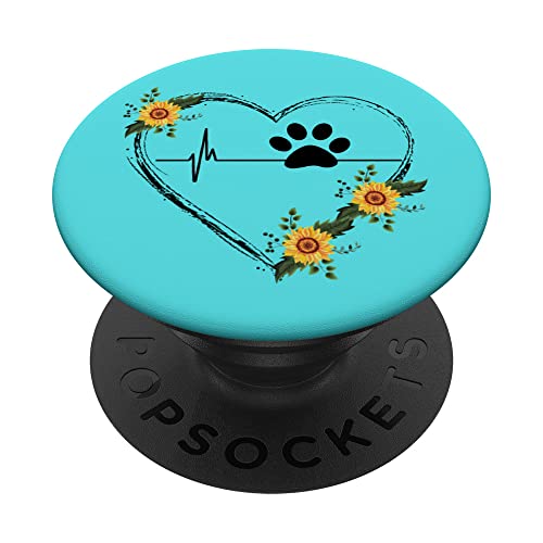 Paw Print Heartbeat With Sunflower Heart On Blue PopSockets Swappable PopGrip