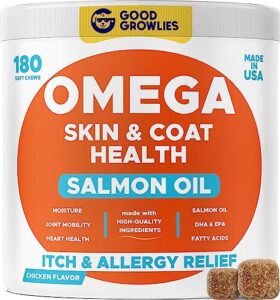 omega 3 alaskan fish oil treats for dogs (180 ct) - dry & itchy skin relief + allergy support - shiny coats - epa&dha fatty acids - natural salmon oil chews promotes heart, brain, hip & joint support