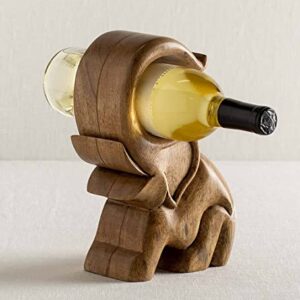 VivaTerra Hand-Carved Wooden Elephant Wine Bottle Display, 5"L x 4"W x 9"H, Elephant Wine Rack Carved in India from Mango Wood, Saluting Elephant Wine Holder