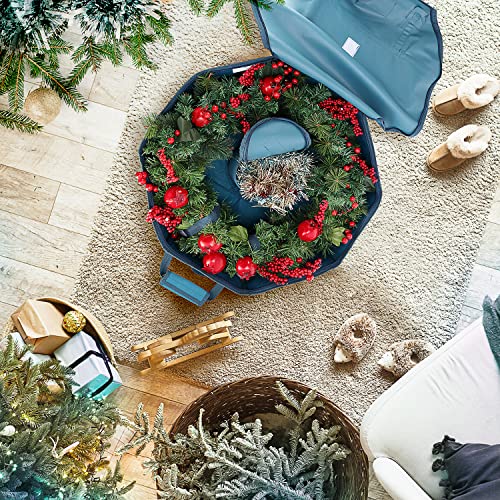 Hearth & Harbor Wreath Storage Container - Hard Shell Christmas Wreath Storage Bag With Interior Pockets, Dual Zipper And Handles - 30" Premium Wreath Storage Organizer Box