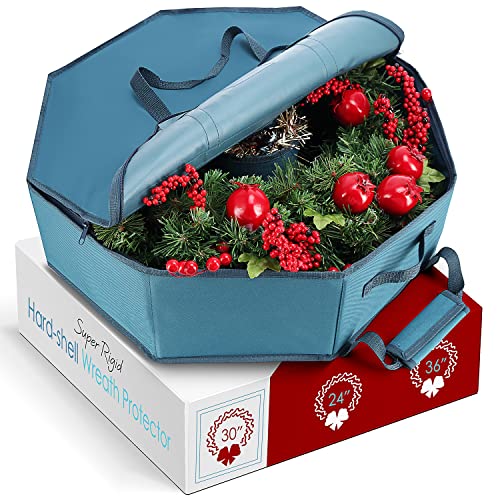 Hearth & Harbor Wreath Storage Container - Hard Shell Christmas Wreath Storage Bag With Interior Pockets, Dual Zipper And Handles - 30" Premium Wreath Storage Organizer Box