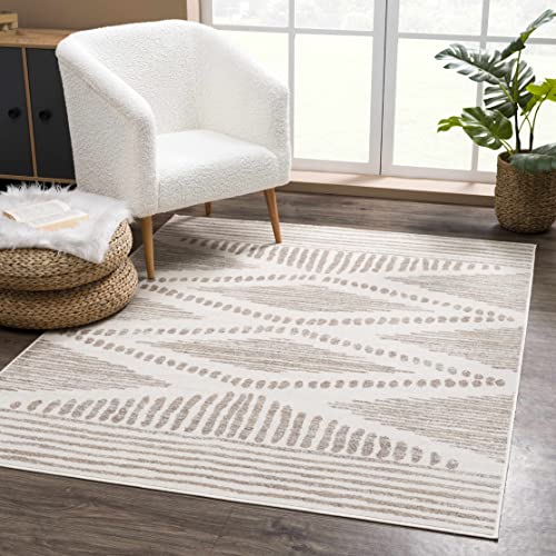 Tigris Collection Nikea Geometric Southwestern Farmhouse Living Room Bedroom Area Rug - Vintage Distressed - Boho Aztec Tribal Pattern - Ivory, Beige, Gray - 6'7" x 9'