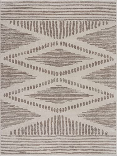 Tigris Collection Nikea Geometric Southwestern Farmhouse Living Room Bedroom Area Rug - Vintage Distressed - Boho Aztec Tribal Pattern - Ivory, Beige, Gray - 6'7" x 9'