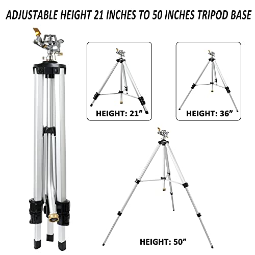 STYDDI Heavy Duty Impact Sprinkler on Tripod Base, Extra Tall Metal Pulsating Telescoping Tripod Sprinkler for Large Area, Yard, Lawn, Garden, Waters up to 90 Ft. Diameter, Legs Extends Up to 50-inch