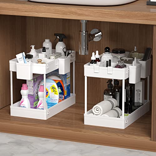 SOYO Under Sink Organizers and Storage, 2 Tier Bathroom Organizer Under Sink Shelf, Kitchen Organization Cabinet Storage Caddy Bath Counter Basket with Hooks Dividers Hanging Cups, White