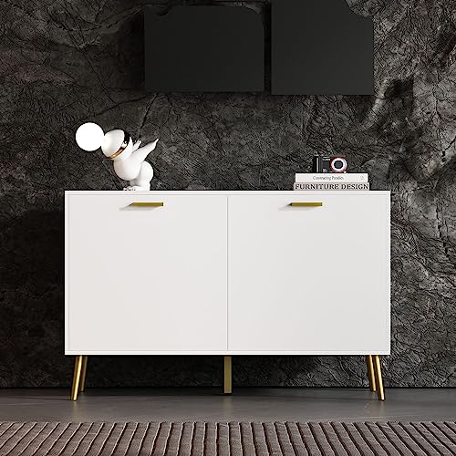 FAMAPY Modern Sideboard Buffet Storage Cabinet with Doors, Wood Buffet Table Kitchen Storage Cabinet with Gold Metal Legs, White (46.2”W x 15.6”D x 28.6”H)