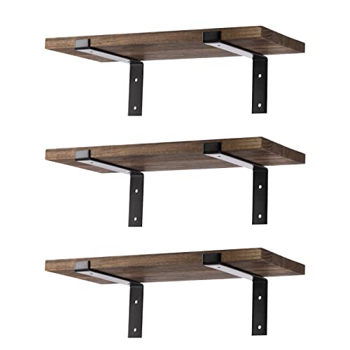 Kosiehouse Rustic Wood Floating Shelves, Wall Mounted Shelf Hanging Wall Decorative Shelves Display Ledge Storage Rack for Bathroom, Kitchen, Bedroom, Living Room - Set of 3 (Downward Bracket)