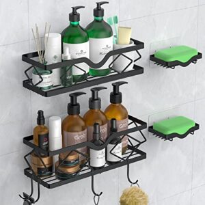 kadolina 2-pack adhesive shower caddy with 2 soap dishes holder, bathroom shower storage shower shelves basket, no drilling shower organizer for inside shower, rustproof stainless steel (black)