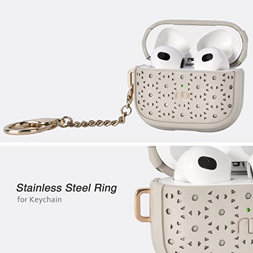 Nereides Compatible with AirPods 3 Case(2021), Protective Leather Cover with Keychain, High-end Fashion Design Skin with Hollow Out Pattern for Women, Supports Wireless Charging