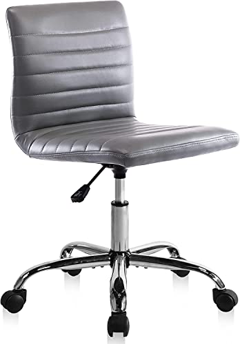 HOMEFLA PU Leather Office Armless-Computer Swivel Rolling Task Home Low Back Makeup Ribbed Desk Chair with Wheels for Bedroom Conference Reception Room (Grey, Retro)