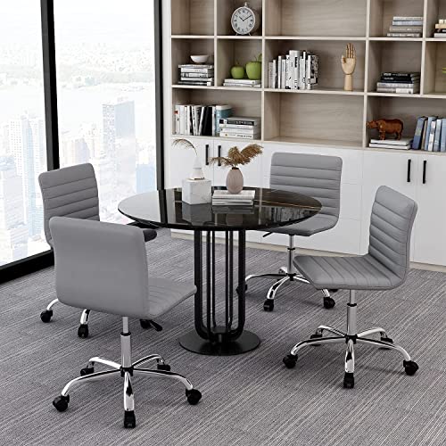 HOMEFLA PU Leather Office Armless-Computer Swivel Rolling Task Home Low Back Makeup Ribbed Desk Chair with Wheels for Bedroom Conference Reception Room (Grey, Retro)