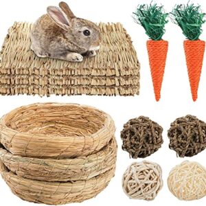 Yesland Woven Bed Mat for Rabbits - Set of 12 - Grass Mat Bunny Bedding Nest with Small Animals Play Balls Rolling Chew Toys for Guinea Pig Chinchilla Squirrel Hamster Cat Dog and Small Animal