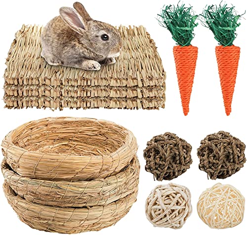 Yesland Woven Bed Mat for Rabbits - Set of 12 - Grass Mat Bunny Bedding Nest with Small Animals Play Balls Rolling Chew Toys for Guinea Pig Chinchilla Squirrel Hamster Cat Dog and Small Animal