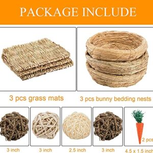 Yesland Woven Bed Mat for Rabbits - Set of 12 - Grass Mat Bunny Bedding Nest with Small Animals Play Balls Rolling Chew Toys for Guinea Pig Chinchilla Squirrel Hamster Cat Dog and Small Animal