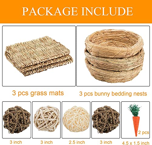 Yesland Woven Bed Mat for Rabbits - Set of 12 - Grass Mat Bunny Bedding Nest with Small Animals Play Balls Rolling Chew Toys for Guinea Pig Chinchilla Squirrel Hamster Cat Dog and Small Animal