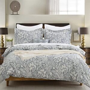 DAUAOTO King Size Duvet Cover Set - 104"X90" Cover + 2 Pillow Shams, Cotton Bedding Sets, Bluish Gray Botanic Pattern