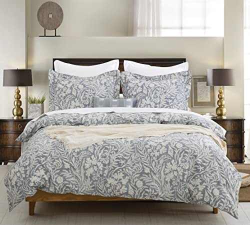 DAUAOTO King Size Duvet Cover Set - 104"X90" Cover + 2 Pillow Shams, Cotton Bedding Sets, Bluish Gray Botanic Pattern