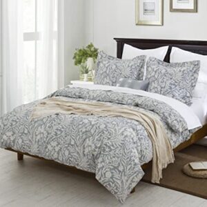 DAUAOTO King Size Duvet Cover Set - 104"X90" Cover + 2 Pillow Shams, Cotton Bedding Sets, Bluish Gray Botanic Pattern