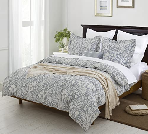 DAUAOTO King Size Duvet Cover Set - 104"X90" Cover + 2 Pillow Shams, Cotton Bedding Sets, Bluish Gray Botanic Pattern