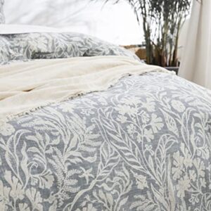 DAUAOTO King Size Duvet Cover Set - 104"X90" Cover + 2 Pillow Shams, Cotton Bedding Sets, Bluish Gray Botanic Pattern