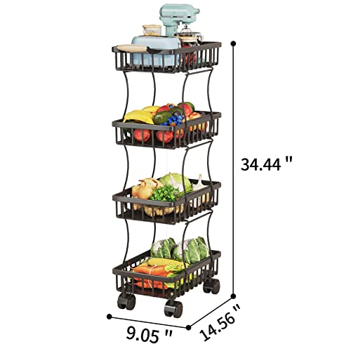 Wisdom Star 4 Tier Fruit Vegetable Basket for Kitchen, Storage Cart, Vegetable Basket Bins, Wire Storage Organizer Utility Cart with Wheels, Medium, Black