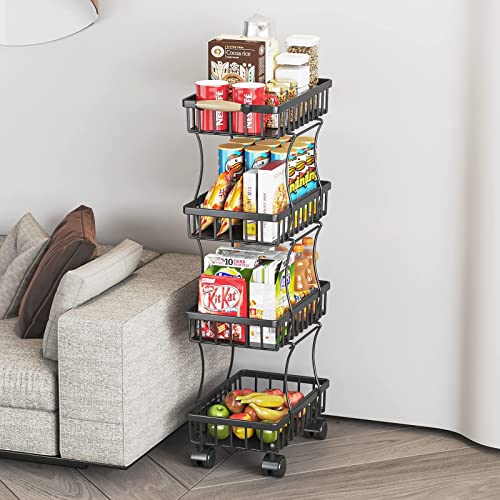 Wisdom Star 4 Tier Fruit Vegetable Basket for Kitchen, Storage Cart, Vegetable Basket Bins, Wire Storage Organizer Utility Cart with Wheels, Medium, Black