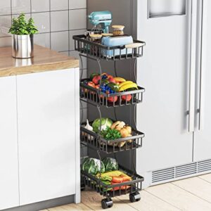 wisdom star 4 tier fruit vegetable basket for kitchen, storage cart, vegetable basket bins, wire storage organizer utility cart with wheels, medium, black