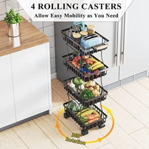 Wisdom Star 4 Tier Fruit Vegetable Basket for Kitchen, Storage Cart, Vegetable Basket Bins, Wire Storage Organizer Utility Cart with Wheels, Medium, Black