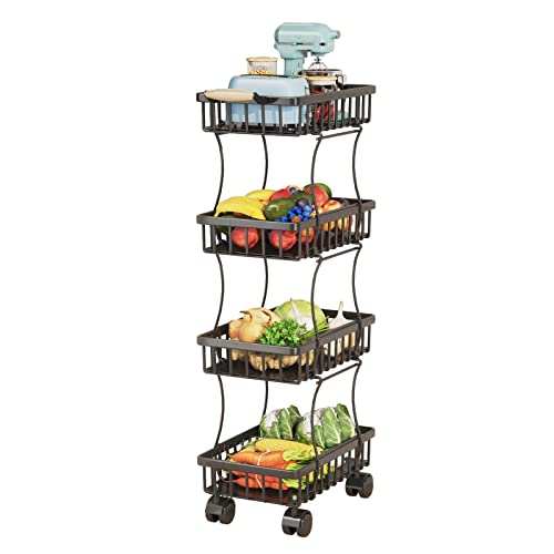 Wisdom Star 4 Tier Fruit Vegetable Basket for Kitchen, Storage Cart, Vegetable Basket Bins, Wire Storage Organizer Utility Cart with Wheels, Medium, Black