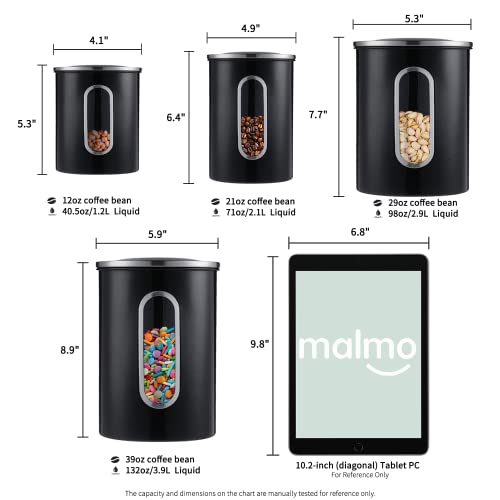 malmo Canisters Set, 4 Piece Food Container Window Kitchen Canister with Fingerprint Resistance Lids, Black