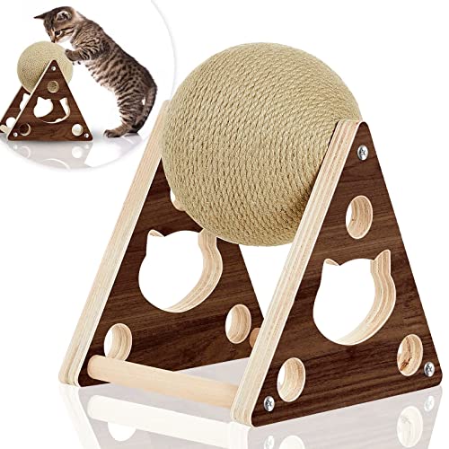 Cat Scratcher Ball Wood Sisal Cat Scratcher Toy Cats Scratcher Orb Scratcher for Indoor Kittens and Cats Nails Interactive Solid Wood Pet Toy Cat Exercise Fun Toy Protect Your Furniture (Small)