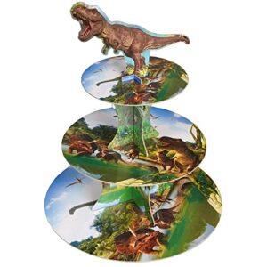 3-tier dinosaur cupcake stand - kids boy favor birthday dinosaur party decorations for green jungle theme party cake stand 1set (1)