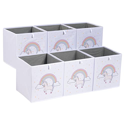 Amazon Basics Kids Collapsible Fabric Storage Cube Organizer Bins, Pack of 6, Unicorns & Rainbows, 13x15x13"