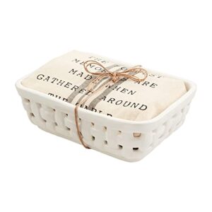 mud pie ceramic weave serving basket, white, basket 6" x 9" | towel 26" x 16 1/2"