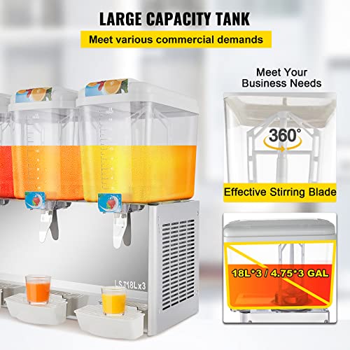 VEVOR Commercial Beverage Dispenser, 14.25 Gallon 3 Tanks Commercial Drink Dispenser, 350W Food Grade Material Stainless Steel Commercial Juice Dispenser With Thermostat Controller for Cold Drink