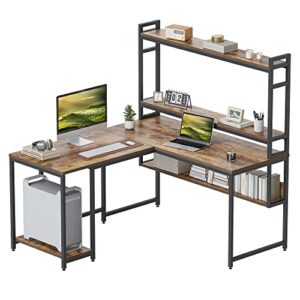 cubicubi l shaped desk with hutch and storage shelves, 59.1 inch corner desk with bookshelf, computer office workstation for home office, rustic brown