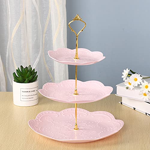 Tosnail 3 Pack 3 Tiers Plastic Cupcake Stand Dessert Stand Tiered Serving Trays with Gold Rod Candy Pastry Holders for Baby Shower, Wedding and Party - Pink