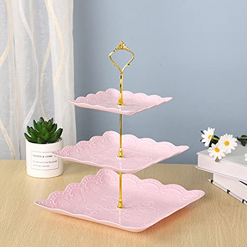 Tosnail 3 Pack 3 Tiers Plastic Cupcake Stand Dessert Stand Tiered Serving Trays with Gold Rod Candy Pastry Holders for Baby Shower, Wedding and Party - Pink