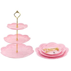 Tosnail 3 Pack 3 Tiers Plastic Cupcake Stand Dessert Stand Tiered Serving Trays with Gold Rod Candy Pastry Holders for Baby Shower, Wedding and Party - Pink