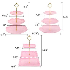 Tosnail 3 Pack 3 Tiers Plastic Cupcake Stand Dessert Stand Tiered Serving Trays with Gold Rod Candy Pastry Holders for Baby Shower, Wedding and Party - Pink