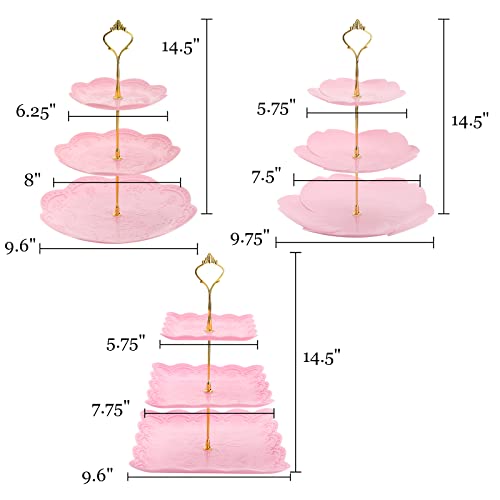 Tosnail 3 Pack 3 Tiers Plastic Cupcake Stand Dessert Stand Tiered Serving Trays with Gold Rod Candy Pastry Holders for Baby Shower, Wedding and Party - Pink