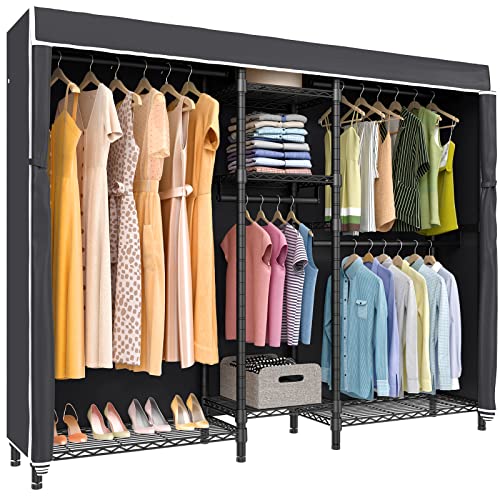 VIPEK V6C Heavy Duty Covered Clothes Rack 5 Tiers Wire Garment Rack Large Size Wardrobe Closet Black Metal Clothing Rack with Black Oxford Fabric Cover, 75.6" L x 18.5" W x 76.4" H, Max Load 780 LBS