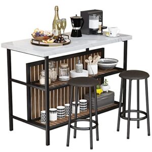 dklgg 3 piece dinging table set, faux marble dining room table set with 2-tier storage shelves, bar table set with bar stools, sturdy kitchen table with storage for restaurant, living room