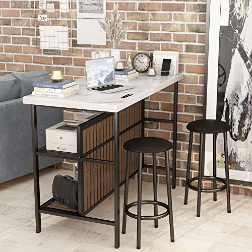 DKLGG 3 Piece Dinging Table Set, Faux Marble Dining Room Table Set with 2-Tier Storage Shelves, Bar Table Set with Bar Stools, Sturdy Kitchen Table with Storage for Restaurant, Living Room