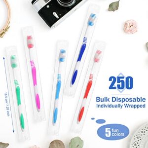 Honeydak 250 Packs Individually Wrapped Toothbrushes Disposable Bulk Toothbrushes Soft Bristle Tooth Brush Manual Travel Toothbrush Set Rubber Handle Multi Color Toothbrush for Adults Kids