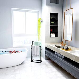 Metal Towel Racks Stand Bathroom freestanding Towel Racks for Bathroom Outdoor Towel Rack Standing Towel Rack 2 Bars Freestanding Drying Shelf Washcloths Holder Black