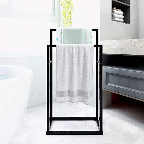 Metal Towel Racks Stand Bathroom freestanding Towel Racks for Bathroom Outdoor Towel Rack Standing Towel Rack 2 Bars Freestanding Drying Shelf Washcloths Holder Black